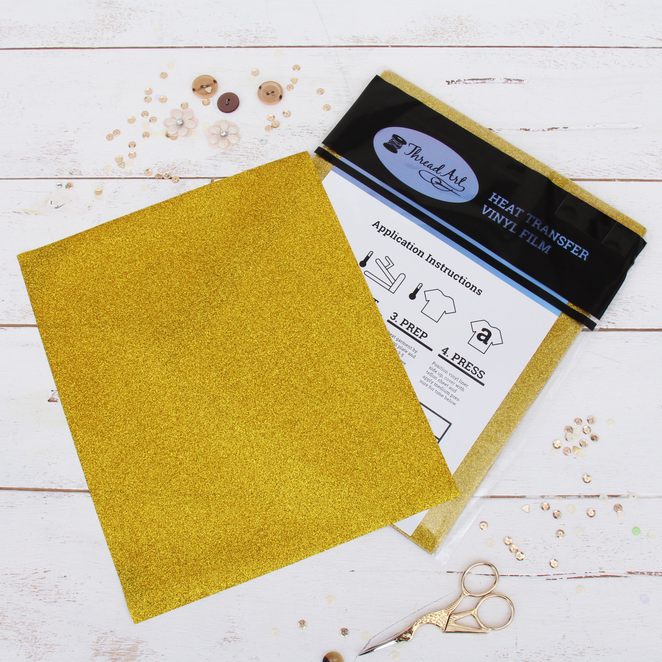 Gold Glitter Iron On Vinyl - Pack of Heat Transfer Sheets — Threadart.com